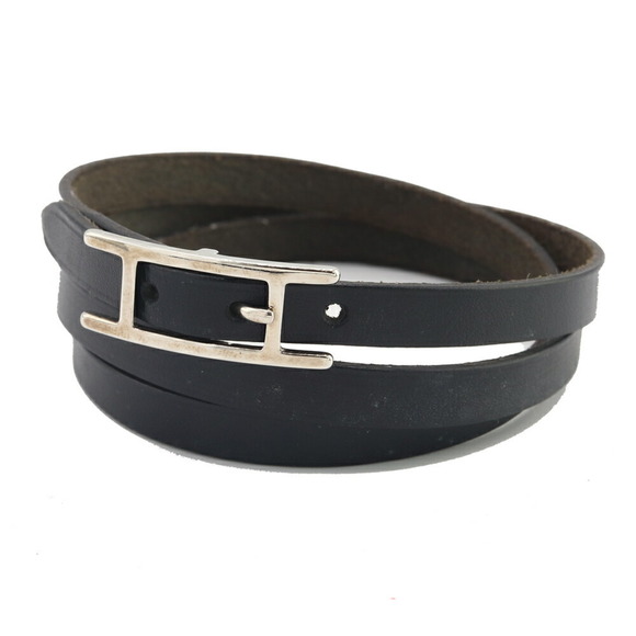 Hermes | Jewelry | Hermes Bracelet Api Iii Black Leather Bangle 3 Rows ...